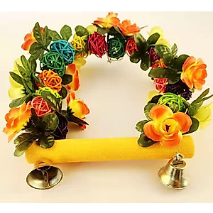 Parrot Toys Chewing Bird Toy Bells Rattan Balls Flower Cuttlebone Beak Grinding Stone Swing Toy Bird Toy Supplies Hanging Ring Suspension Bridge Station Bar (Yellow)