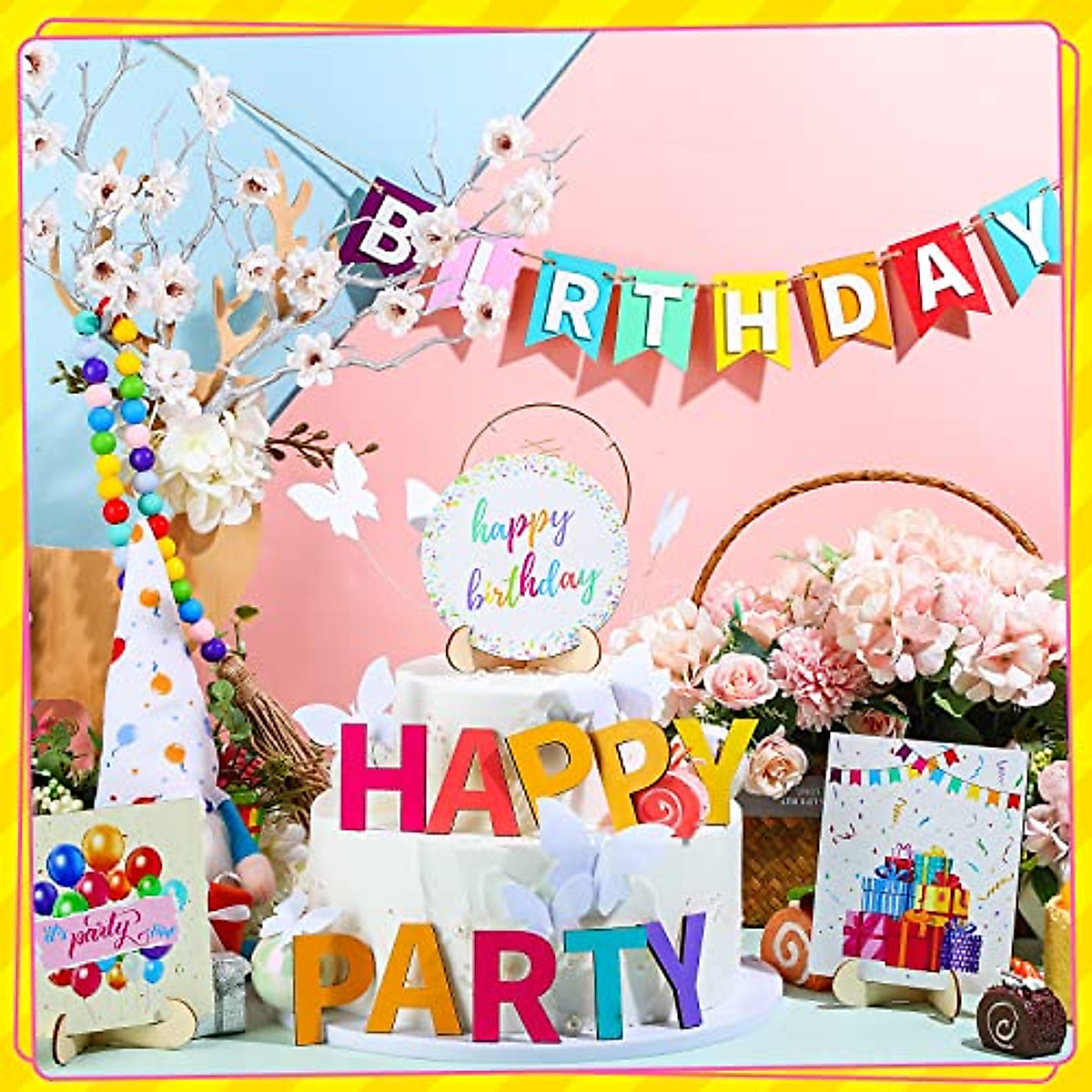 9 Pcs Farmhouse Birthday Gnome Tiered Tray Decor Set Birthday Gift Gnome Tiered Tray Doll Happy Birthday Party Wood Sign Farmhouse Beaded Garland for Farmhouse Kitchen Tiered Tray Birthday Party Decor