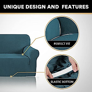 PrinceDeco Stretch Loveseat Sofa Cover Slipcover Couch Cover for 2 Cushion Sofa Washable Sofa Cover for Pets Friendly Furniture Protector Covers with Non Slip Bottom(Loveseat, Deep Teal)