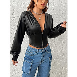 WDIRARA Women's PU Leather Ruched Zip Up Hoodie Long Sleeve Drop Shoulder Crop Jacket Black XS