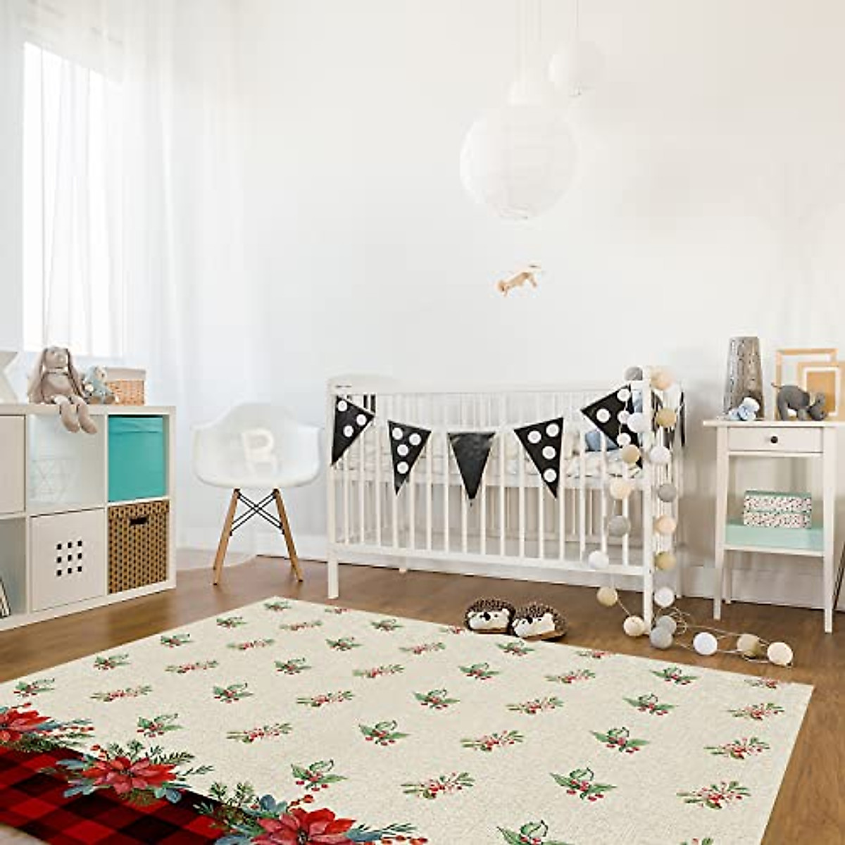 Indoor Area Rug - Welcome Mat Living Room Area Rugs Washable Non-Slip Floor Carpet for Bedroom Farmhouse Dorm (Merry Christmas Red Poinsettia Berries Burlap Red Plaid, 5'x8')