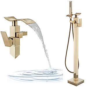 Gmusre Brushed Gold Floor Mounted Waterfall Tub Filler Freestanding Bathtub Faucet Brass Bathroom Single Handle with Shower Hand Spray and 360 Degree Swivel Spout