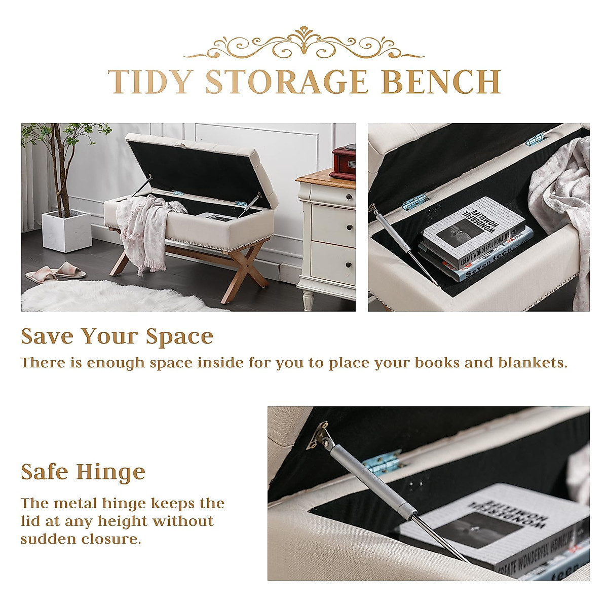 Bonzy Home Tufted Entryway Storage Bench, 36" French Vintage Bedroom Dining Room Benches with X-Shaped Legs, Fabric End of Bed Bench for Bedroom Dining Room Living Room Entryway, Beige