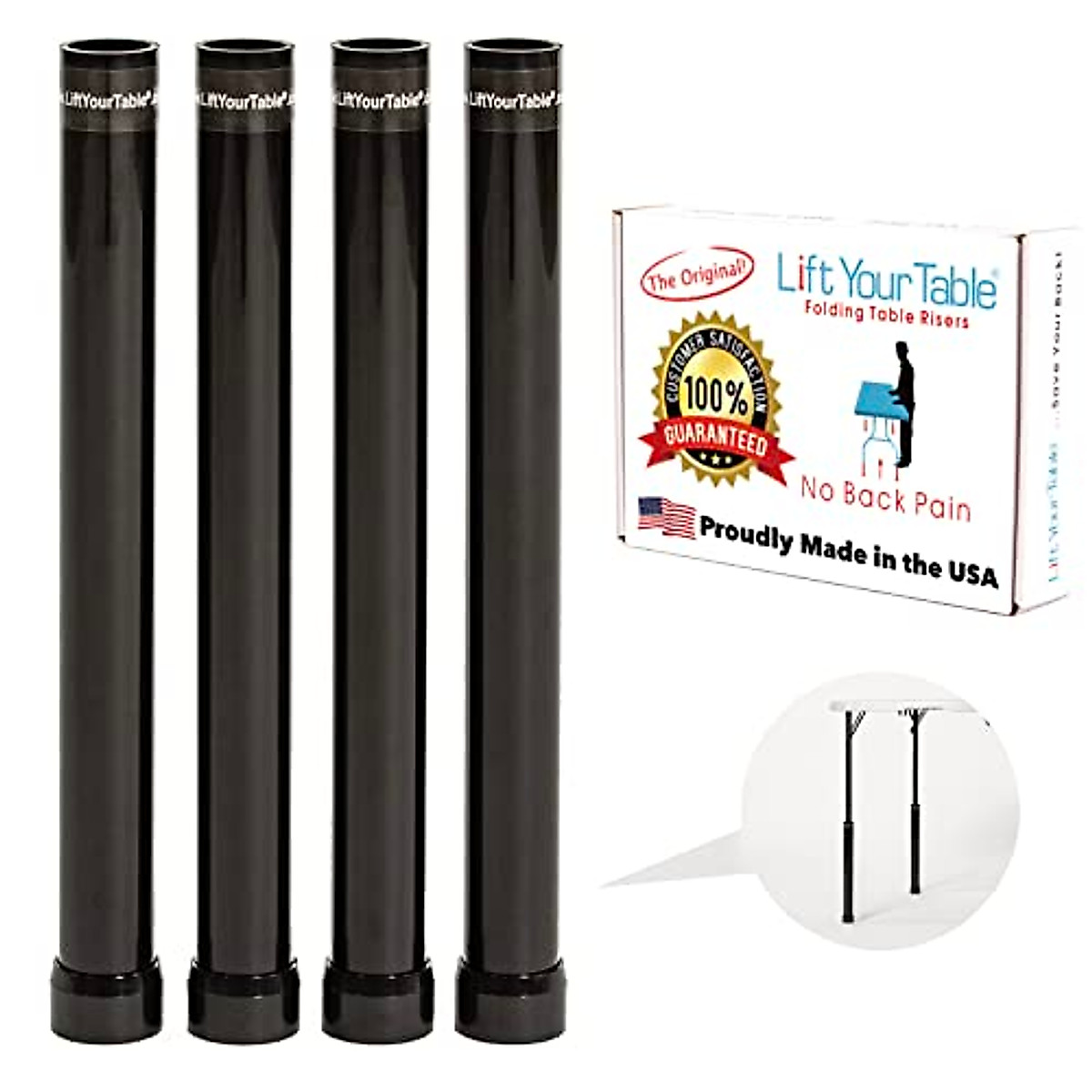 Lift Your Table® Folding Table Risers, Easy-to-Use Straight Leg Folding Table Extensions, Counter Height, Raises Folding Tables 8” Inches. Durable, Sturdy. Set of 4, Black, Made in The USA