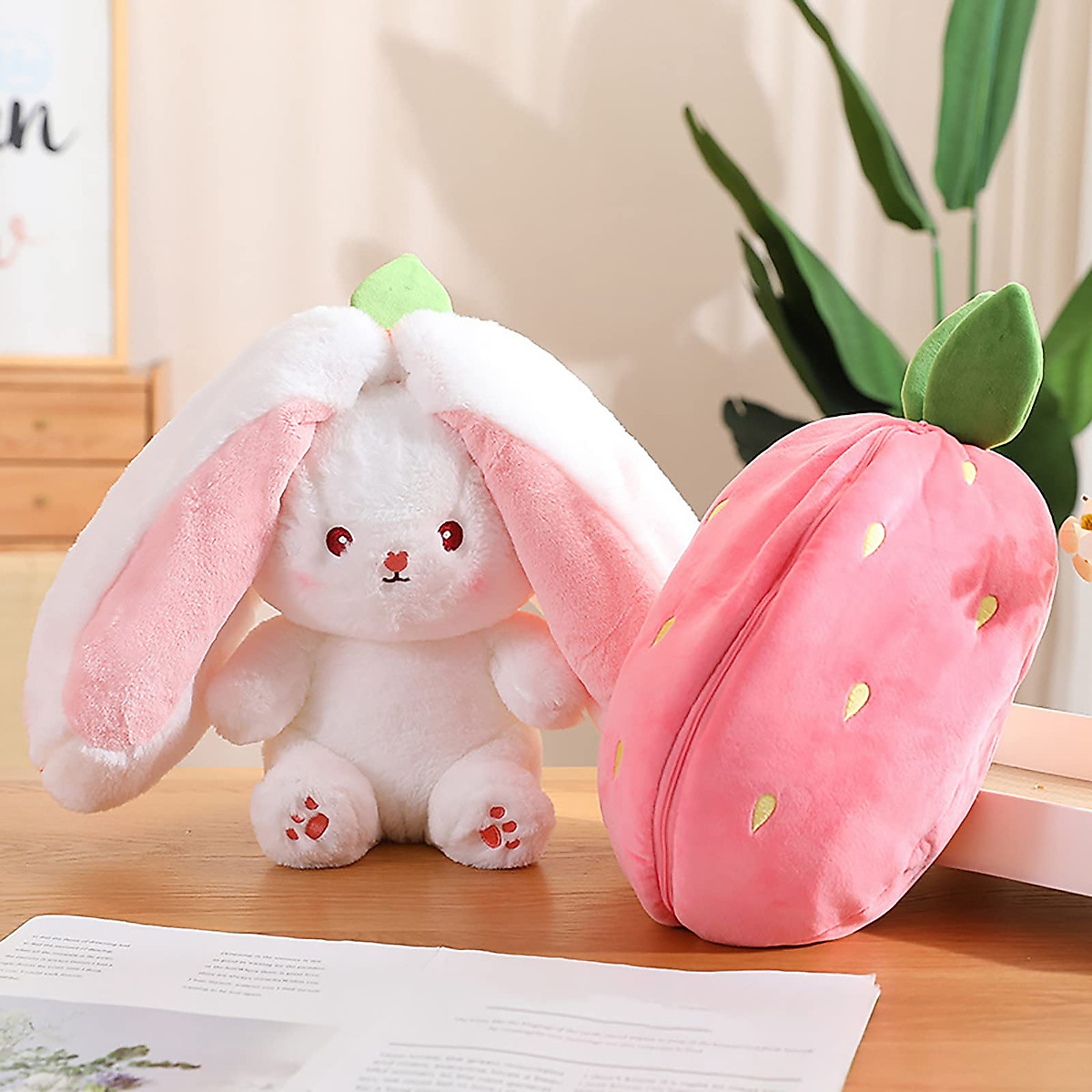 Mukorolee Bunny Plush Doll Toy Pillow, Reversible Carrot Strawberry Bunny Stuffed Animal with Zipper, Cute Rabbit Decoration for Kids & Adult Birthday Party Gift (1pcs 7" Strawberry)