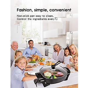 HUIDANGJIA Electric Skillet, Roast, Fry and Steam,Heat Resistant Handles,12" Deep Dish Nonstick Frying Pan with Tempered Glass Lid,1360W Electric Griddle,Black