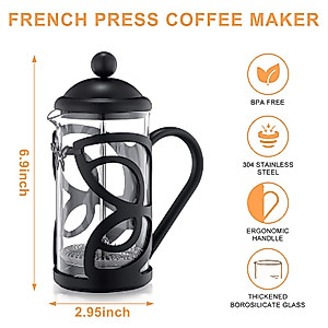 WORBIC French Press Coffee Maker, 3 Level Filtration System, Coffee Press with Heat Resistant Borosilicate Glass, 12oz Coffee French Press with Coffee Scoop w/Clip & 2 Extra Filters (Black)