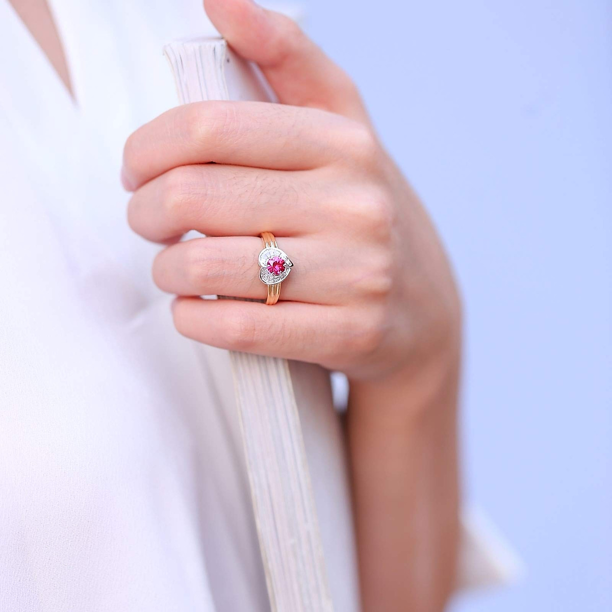 KnBoB Women Heart 3 Layers Round Shape 0.5ct Ruby Ring 18K Gold & 18K White Gold Promise Wedding Engagement Bridal Anniversary Ring Size 10