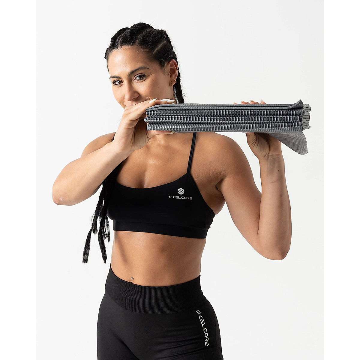 Skelcore Yoga Mat and Blocks Set- Travel Yoga Mat with Poses Printed On It and 2 Yoga Blocks - Non Slip Yoga Accessories For Beginners Folding Yoga Travel Mat 68"L x 24"W x 2mm