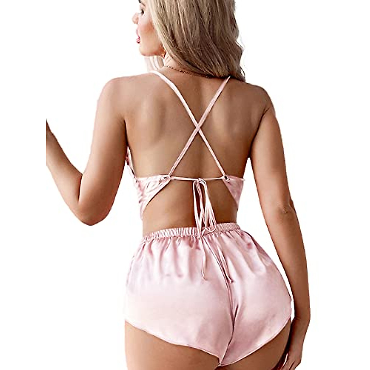 LYANER Women's Silky Satin Pajamas Set Cami Crop Top with Shorts Lingerie Sleepwears PJ Set Pink Small