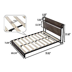 RIDFY Queen Bed Frame with Headboard & Socket, Industrial Platform Camas with Storage Shelves,Mattress Foundation/Slats Support/No Box Spring Needed/Noise-Free