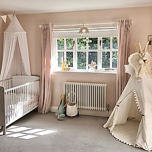 LOAOL Kids Bed Canopy with Pom Pom Cotton Canopy for Crib Baby Girl Netting Cover Canopy Crib Curtain Reading Nook Hanging Tent Nursery Play Game Castle House Decoration (White Pompom)