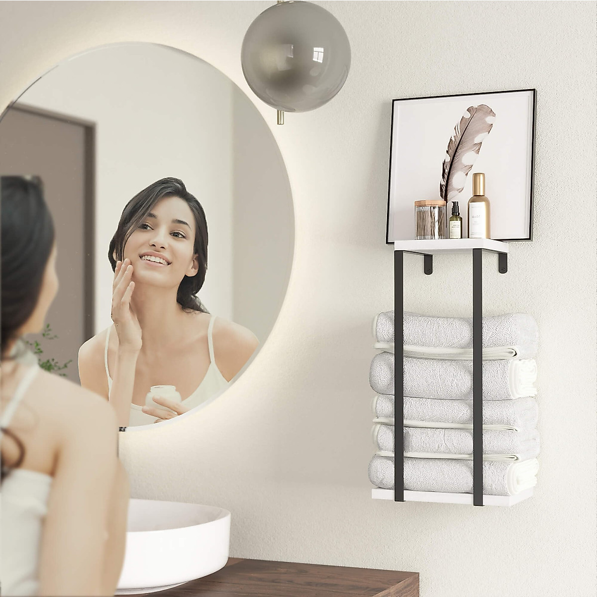 Towel Racks for Bathroom, Wall Mounted Towel Holder with Wood Shelf, Metal Bathroom Towel Rack for Towel Storage and Organization, White Bathroom Towel Holder, Rolled Towel Racks for Bathroom - White