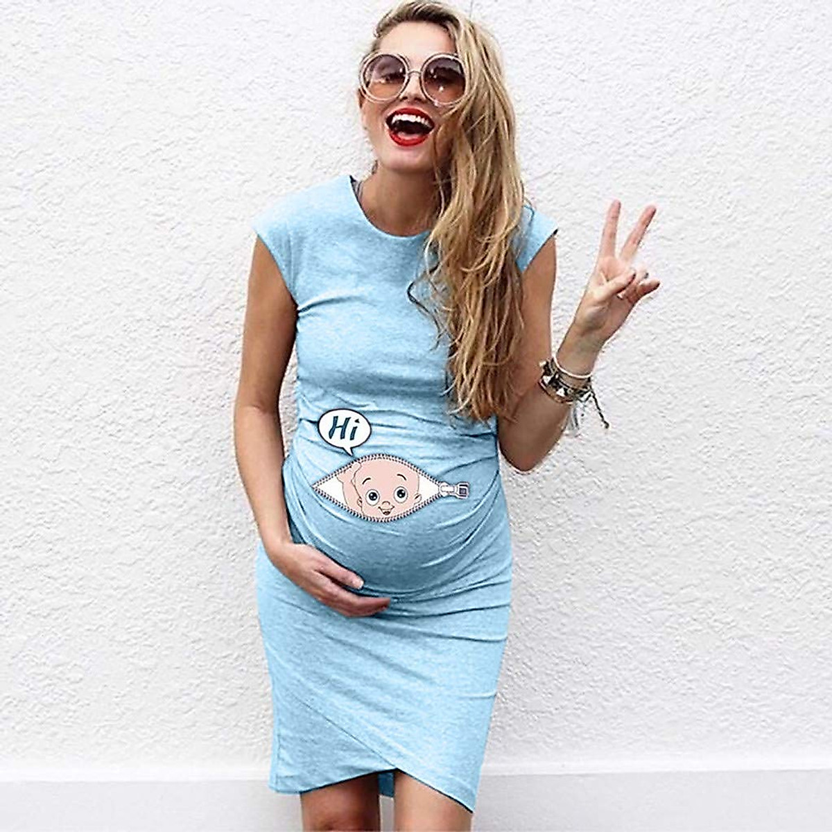 Lethez Women Maternity Bodycon Dress Sleeveless Pregnancy T-Shirt Dress Cartoon Letter Print Mini Dress (XL, Sky Blue)