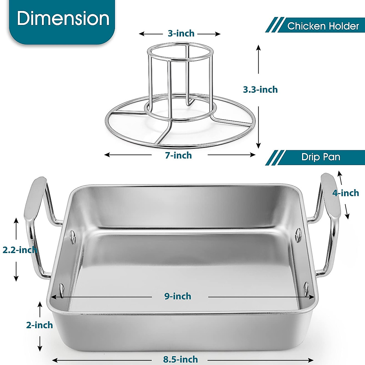TeamFar Roasting Pan with Beer Can Chicken Holder, Stainless Steel Drip Pan with Vertical Rack Stand for Grill Oven Smoker, Healthy & Heavy Duty, Easy Clean & Dishwasher Safe, (1 Pan + 1 Rack)