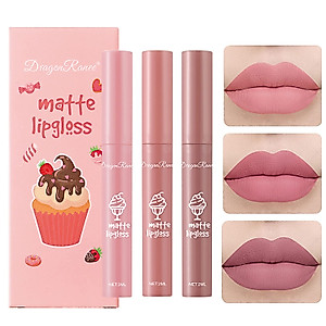 3 Colours Nude Matte Lipstick Set,24 Hour Natural Lip Glazes Velvet Air Moisture Smooth Crayon Lip Stain,Nourishing Color Lip Glaze,Long Lasting Waterproof Lip Gloss Lipstick for Women Makeup(Set A)