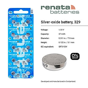 Renata 329 SR731SW Batteries - 1.55V Silver Oxide 329 Watch Battery (10 Count)