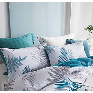 SLEEPBELLA Duvet Cover Full, 600 Thread Count Cotton Leaf Botanical Pattern Print Reversible Comforter Cover Set (Full, Teal Blue-Leaf)