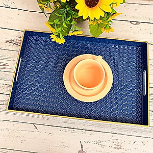 Umisriro Navy Blue Serving Tray with Handles, Plastic Decorative Tray for Ottoman, Coffee Table, Living Room, Kitchen 15.7”x10.2”