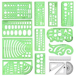 Geometric Drawings Templates Measuring Geometry Rulers 15 Pcs with 1 Pack File Bag for Design School Studying Office Building…