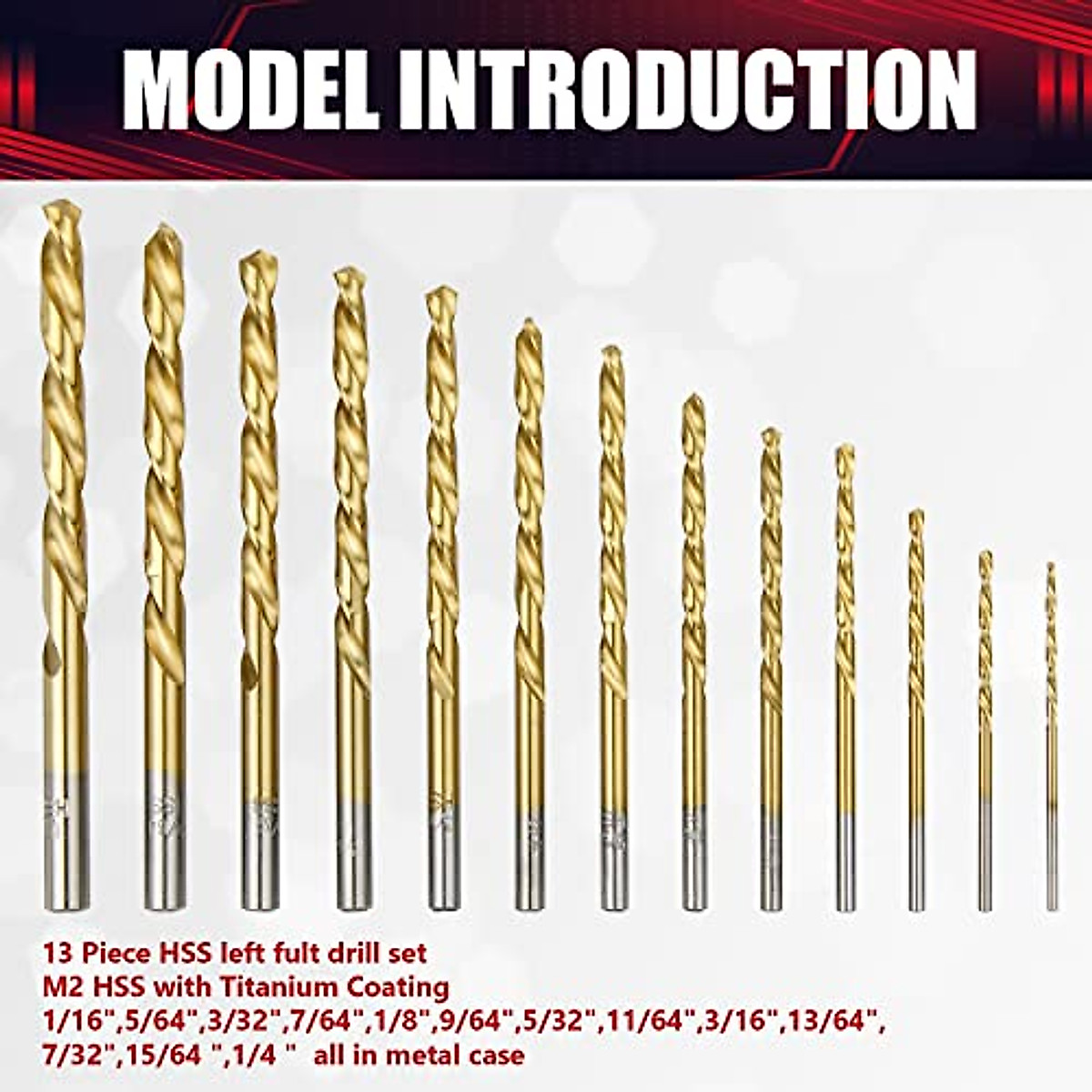 wesleydrill 13PCS Left Hand Drill Bit Set 1/16"-1/4" Titanium Twist Reverse Drill Bits Fit for Cutting Metal, Cast Iron, Hard Plastics and Wood, and Softer Materials