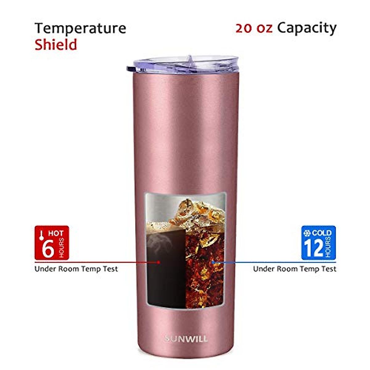 SUNWILL Straw Tumbler Skinny Travel Tumbler with Lid, Vacuum Insulated Double Wall Stainless Steel 20oz for Coffee, Tea, Beverages, Rose Gold