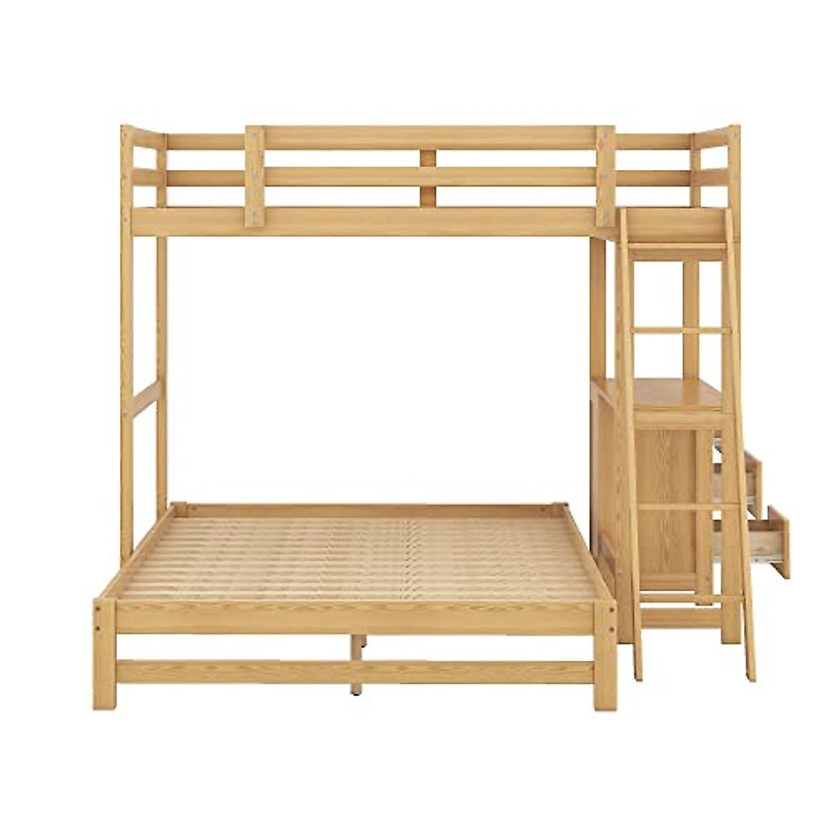 KoiHome Twin Over Full Bunk Bed with Built-in Desk and Three Drawers, Wood Bunk Bed with Full-Length Guardrail & Solid Slat Support for Kids,Teens Bedroom, No Box Spring Needed, Natural