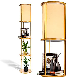 Floor Lamp with Big Shelves,3-Tier Golden Cylinder Shelf Floor Lamps with 3000K Warm Soft Brightness E26 LED Bulb (Included), Linen Shade Storage Wood Texture Modern Floor Lamp with Foot switch