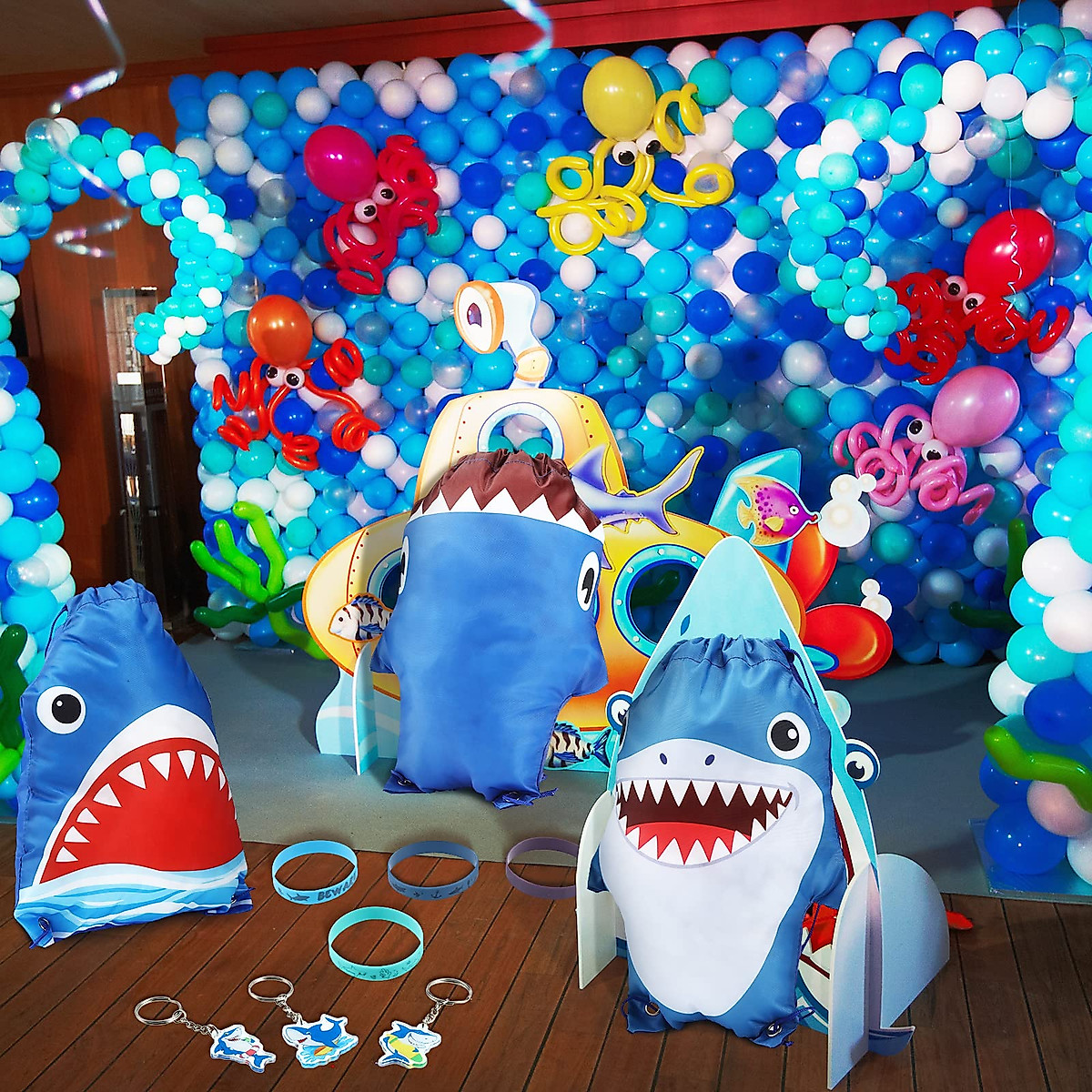 Talltalk 48 Pcs Shark Party Supplies Blue Ocean Pool Party Favor with 16 Pcs Shark Party Drawstring Bag Goodie Bags 16 Shark Wristband 16 Shark Keychain for Shark Birthday Party Supplies Decorations