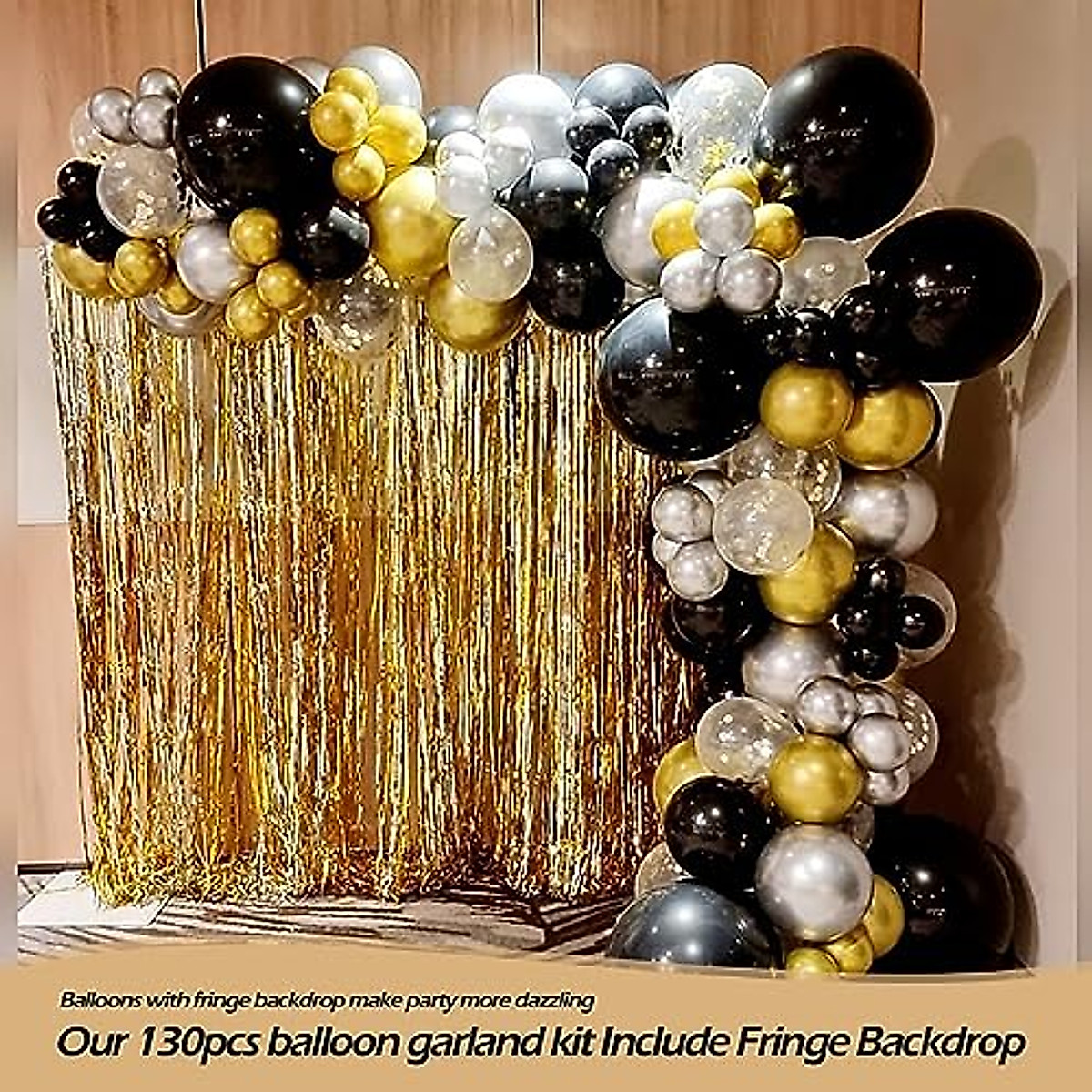 FOTIOMRG 130pcs Metallic Gold Balloon Garland Arch Kit with Fringe Backdrop, 18 12 10 5 inch Chrome Gold Latex Balloons Different Sizes Pack for Engagement Baby Shower Halloween Wedding Birthday Party Decorations
