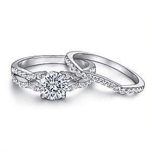 Wedding Ring Set for Women Bridal Sets Wedding Rings Platinum Plated Silver, 1 Carat Center Moissanite Bridal Sets Engagement Ring Set Anniversary Promise Rings Text Engraving(Size 7)