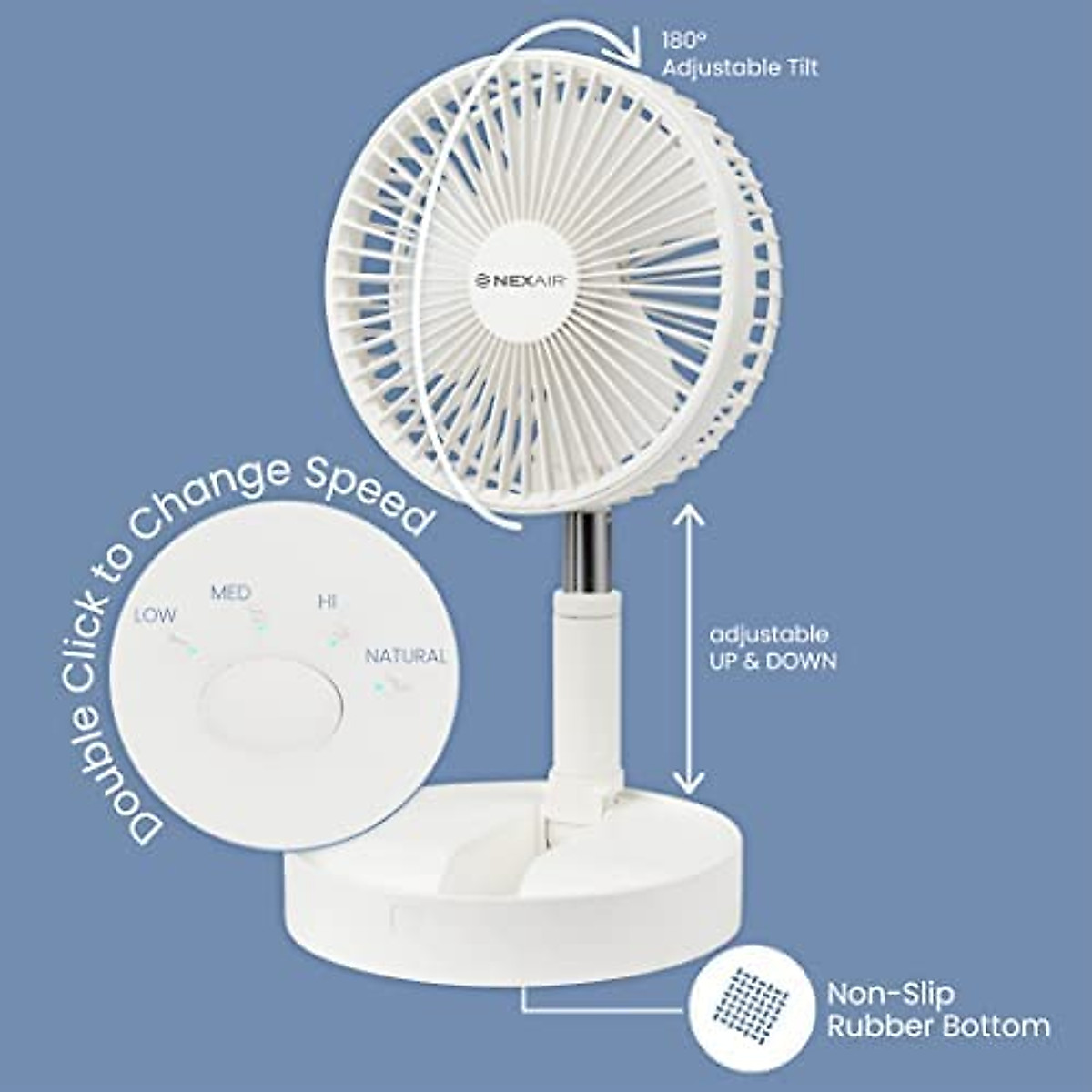 NEXAIR Premium Foldable Fan, 4 Speed Portable Fan with Adjustable Height 14” – 39.5 in, Rechargeable Folding Fan For Home And Office, Quiet Floor Fan For Bedroom, Battery Operated Fan For Travel