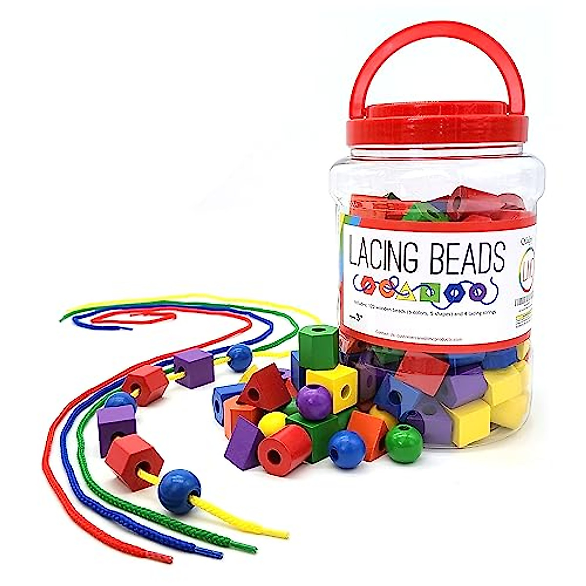 LMC Products Wooden Lacing Beads & Strings 125 Pieces, Fine Motor Skills Toys for 3 Year Old, Fine Motor Toys, Lacing Beads for Toddlers, Occupational Therapy Toy for Toddler