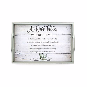 at Our Table We Believe Prayer Serving Tray with Slatted Wood Look 18"x 12" Rustic Farmhouse Modern Sage Green Leaves Decorative Large Platter