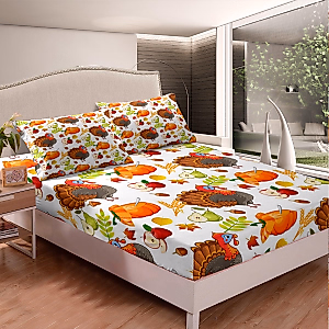 Erosebridal Thanksgiving Turkey Bed Sheets Set for Boys Girls Women Fall Decor Sheet Set Twin Size Rustic Farm Pumpkin Maple Leaf Fitted Sheet Autumn Harvest Flat Sheet Cute Wild Animal Turkey Sheets