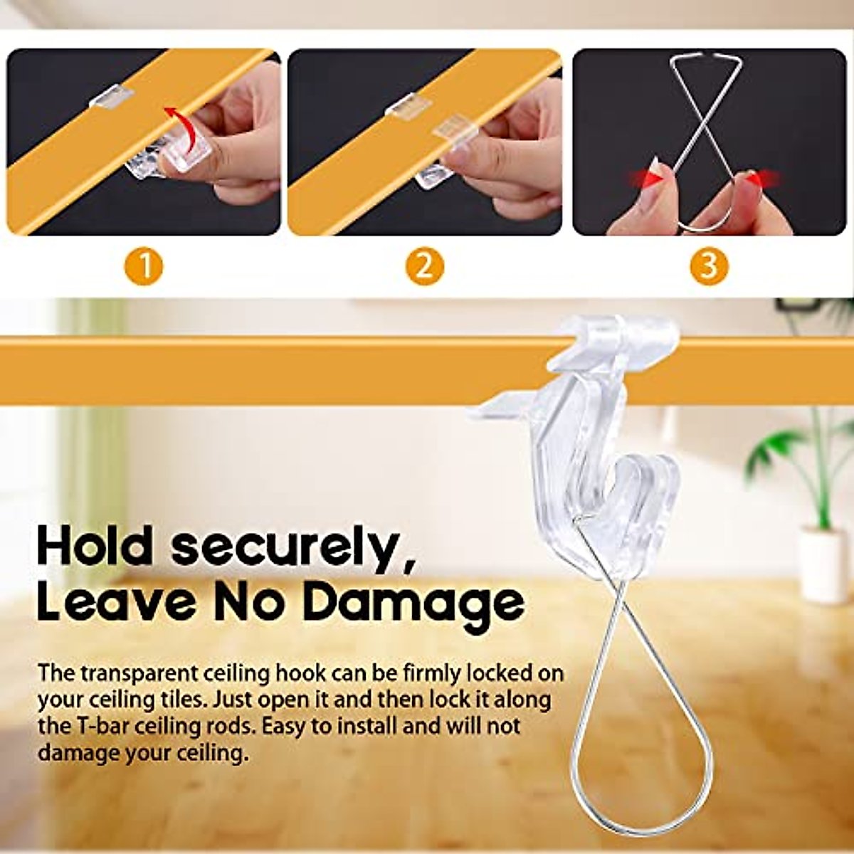 Rustark Clear Hinged Ceiling Hooks, 60 Pack of Polycarbonate Ceiling Grid Clips Metal T-Bar Hooks for Hanging Plants & Decorations, Metal T-Bar Hooks for Suspended Drop Ceiling Tiles