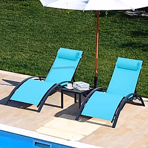 AthLike 3 pcs Poolchairs Patio Chaise Lounge Set with Headrest, 5-Level Adjustable Sunbathing Tanning Poolside Recliner Chairs with Side Table for Outdoor Beach (Black)