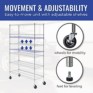 SafeRacks NSF Certified Storage Shelves, Heavy Duty Steel Wire Shelving Unit with Wheels and Adjustable Feet, Used as Pantry Shelf, Garage or Bakers Rack Kitchen Shelving - (18"x48"x72" 6-Tier)