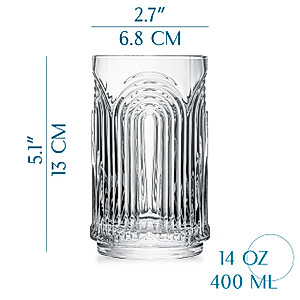 Vintage Art Deco 1920s Highball Cocktail Glasses | Set of 4 | 14 oz Tall Crystal Tumblers for Drinking Mojito, Whiskey Highball, Gin Rickey, Classic Long Bar Drinks | Large Hiball Glassware
