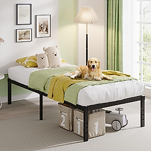 EMODA 18 Inch Twin Bed Frame No Box Spring Needed, Heavy Duty Tall Metal Twin Platform Bed Frames with Large Storage Space, Noise Free, Easy Assembly, Black