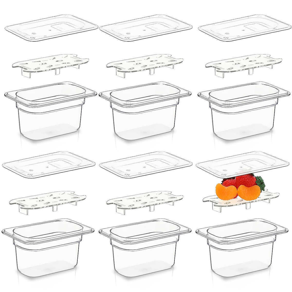 Sunnyray 6 Set 1/9 Size Polycarbonate Food Pans with Lids and Drain Shelf Deep Square Food Storage Containers for Kitchen Restaurant Fruit Vegetable Storage