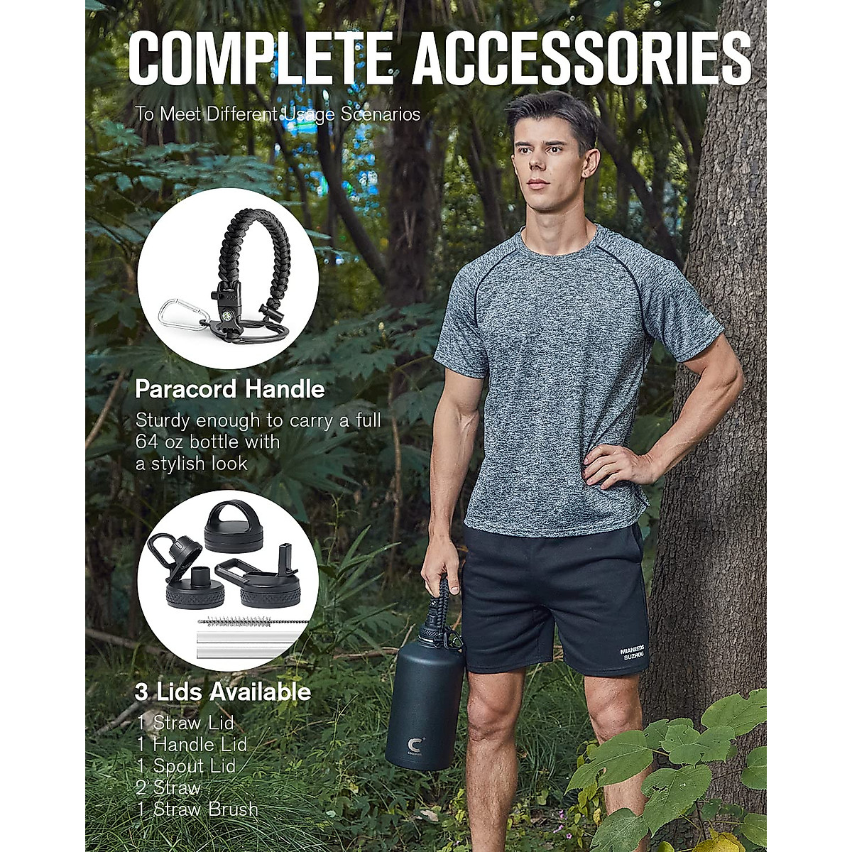 Coolplus Gallon Water Bottle Insulated with Paracord Handle & 3 Lids, 128 oz Insulated Water Jug Large Metal Stainless Steel Leakproof Falsk Cold 48H Hot 24H for Outdoor