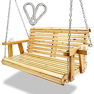 Kybolt Wooden Porch Swing with Hanging Chain,2-Seater Patio Swing Chair with Cup Holders,Outdoor Swing Bench for Porch Courtyard Garden Balcony