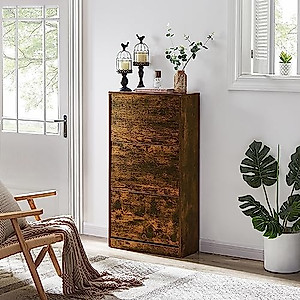 MYINDA 3-Tier Wooden Shoe Cabinet with Wooden Flip Doors for Storing 18-20 Pairs of Shoes, Suitable for Entryways, Office, Small Spaces (Brown)