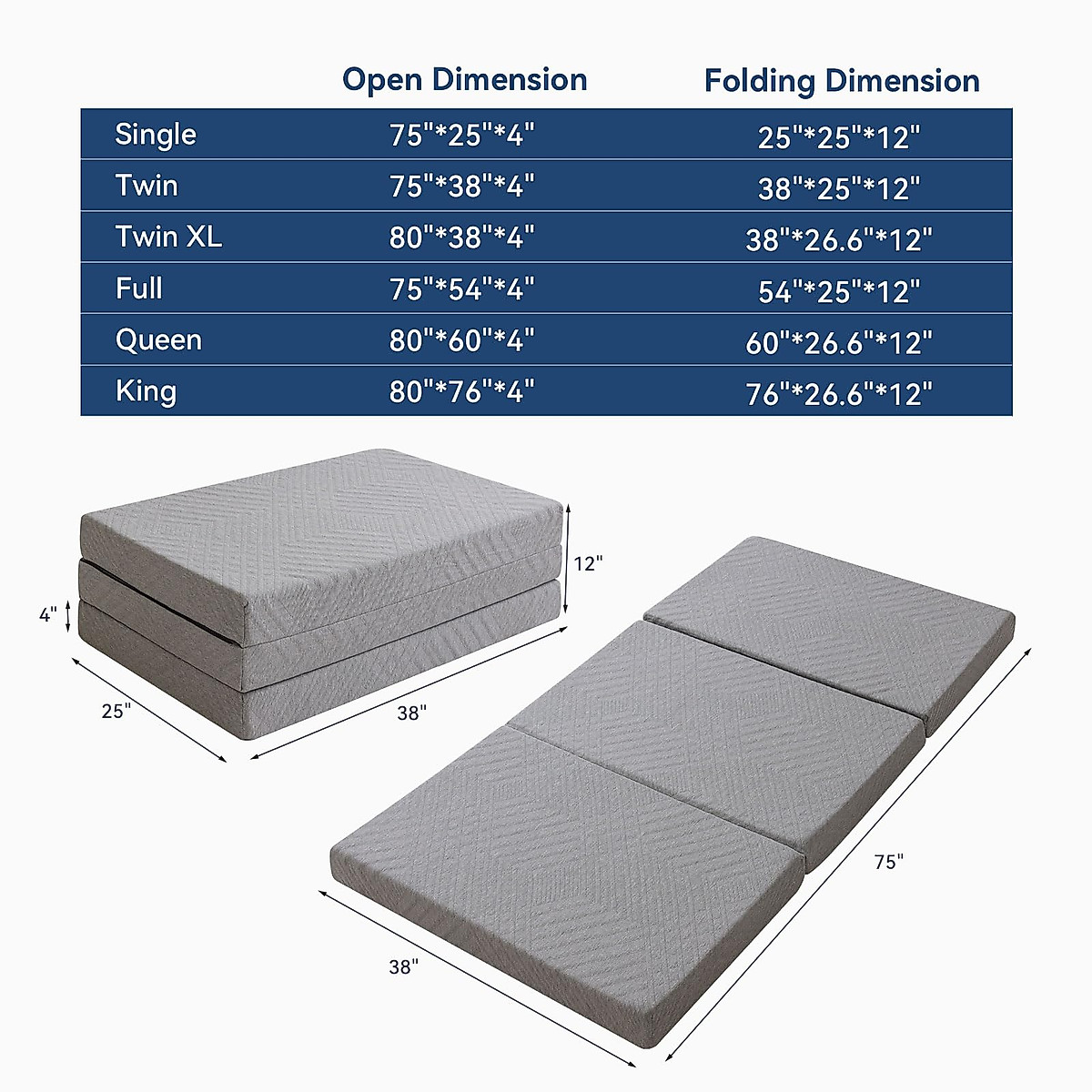 Hcore Folding Mattress Single, 4 Inch Foldable Trifold Memory Foam Mattress with Bag, Portable Mattress Topper for floor, Camping, Guest, CertiPUR-US Certified, 75"x 25" x4"