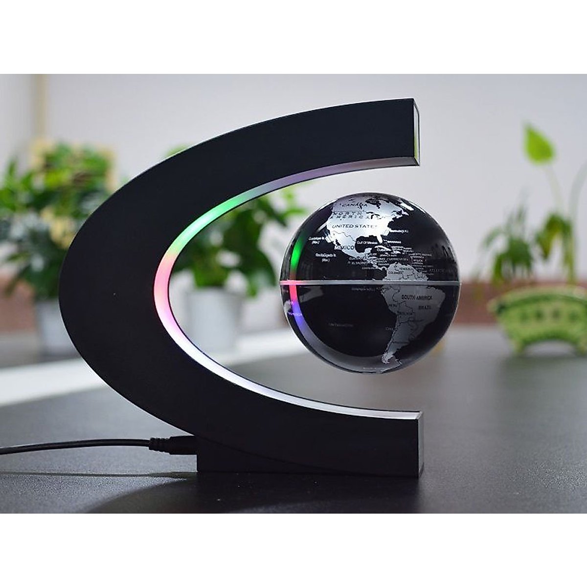 Estefanlo Floating Globe with LED Lights C Shape Magnetic Levitation Floating Globe World Map for Desk Decoration (Black-Silver)