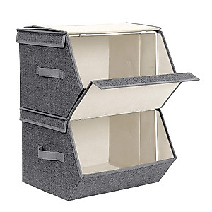 SONGMICS Stackable Storage Bins Set of 2, Storage Boxes with Lids, Non-Woven Fabric Closet Organizers with Magnetic Closures, Side Handles, Dark Gray URYLB02GV1