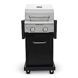Megamaster 720-0864MA 2 Burner Propane Barbecue Gas Grill, for Camping, Outdoor Cooking, Patio, Garden Barbecue Grill, 28000 BTUs, with Foldable Side Table, Silver and Black
