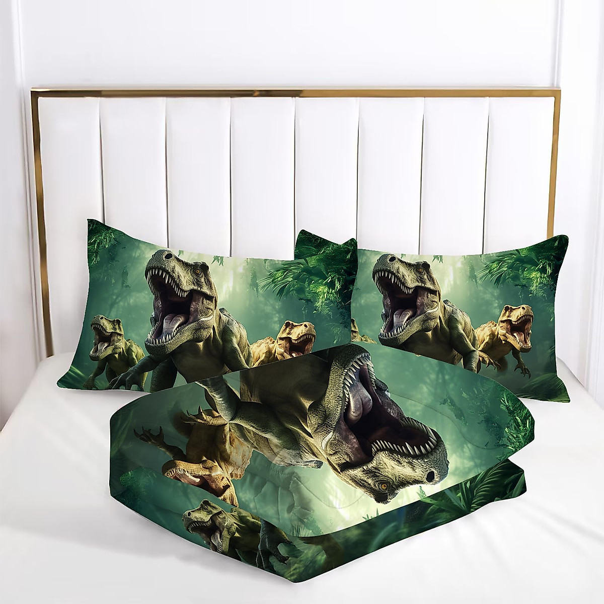 VTKON Kids Dinosaur Comforter Set Twin Size for Boys Green Dinosaur Quilt Set Soft Microfiber Dinosaur Bed Set for All Season Use Dinosaur Bedding Set with 1 Comforter + 1 Pillowcase