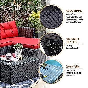 PHI VILLA Patio Sectional Clearance Manual Weaving Wicker Small L-Shaped Outdoor Furniture Sofa Set with Upgrade Rattan (3 Piece,Red)